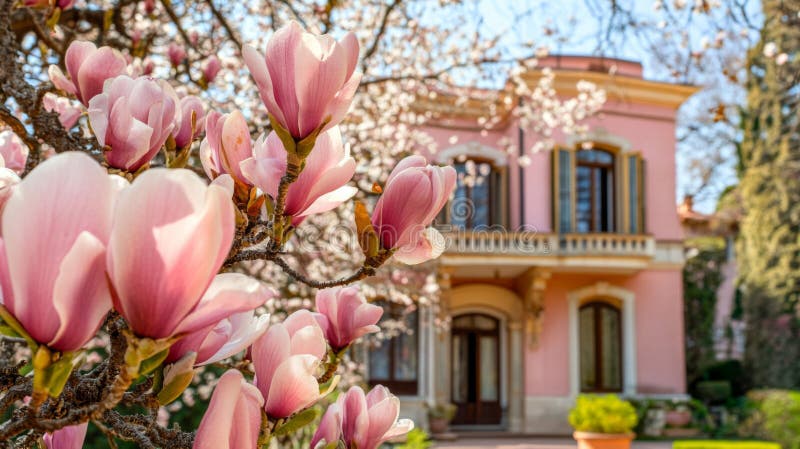 Pink Magnolia Blossoms in Front of a Pink House Stock Illustration ...