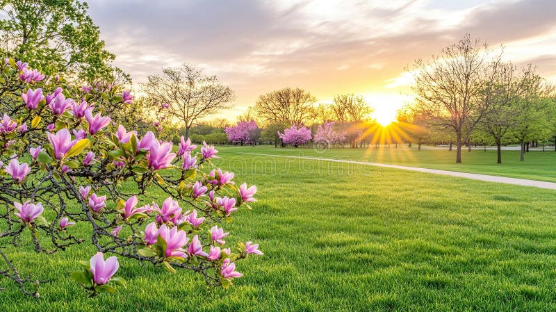 Pink Magnolia Blossoms Sunset Park Spring Path Stock Image - Image of ...