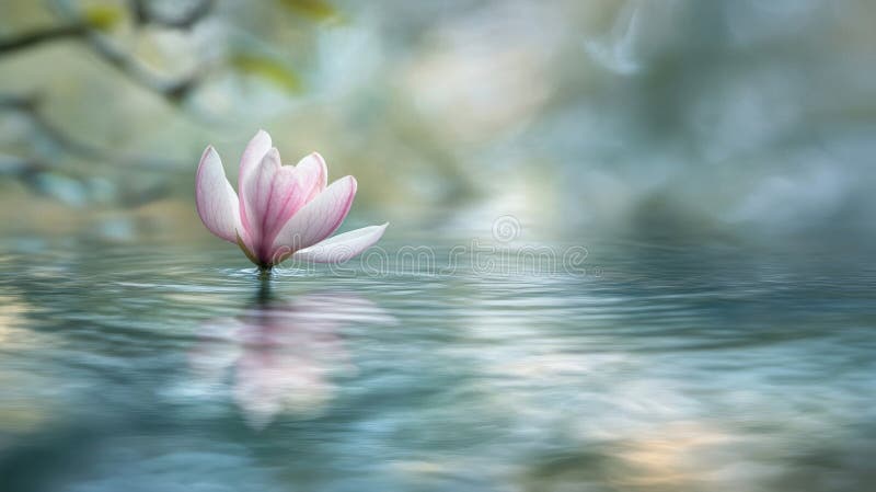 Pink Magnolia Flower Reflection in Calm Water Stock Illustration ...