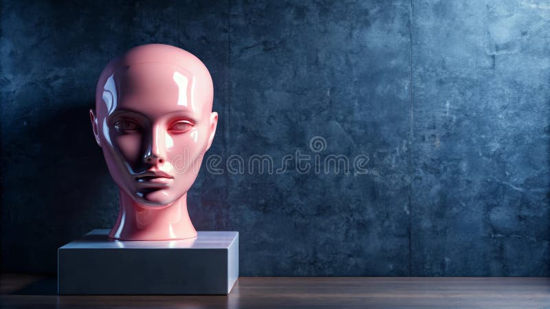 Pink Mannequin Head on a Gray Pedestal Against a Textured Blue ...