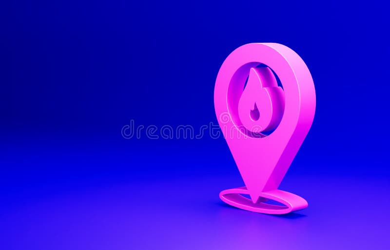 Pink Map Pointer with Fire Flame Icon Isolated on Blue Background. Fire ...