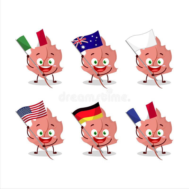 Pink Maple Cartoon Character Bring the Flags of Various Countries Stock ...