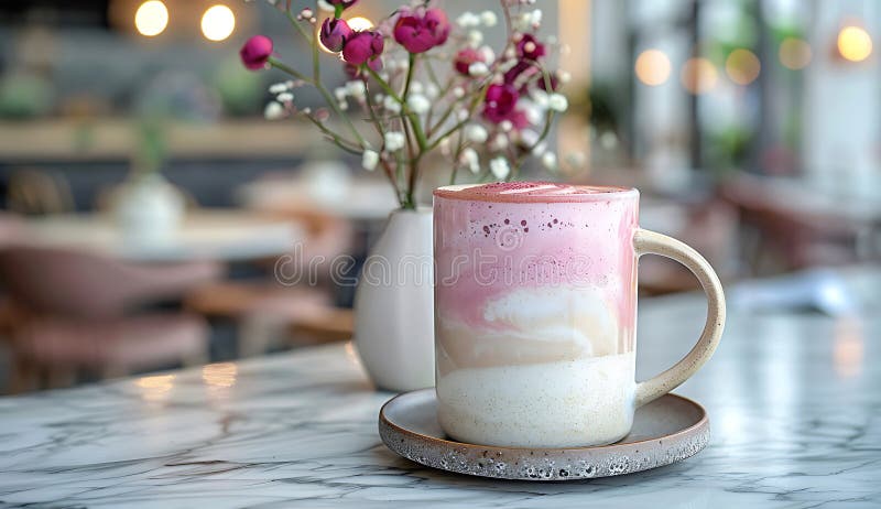 Pink Matcha Latte in a Cafe. Generative by AI Stock Illustration ...