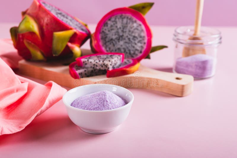 Pink Matcha Powder in a Bowl and Fresh Dragon Fruit on the Table Stock ...