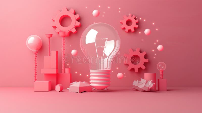 Pink Mechanical Elements and a Large Transparent Light Bulb Arranged on ...