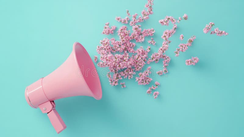 Pink Megaphone with Cherry Blossoms on Teal Background, Creative ...