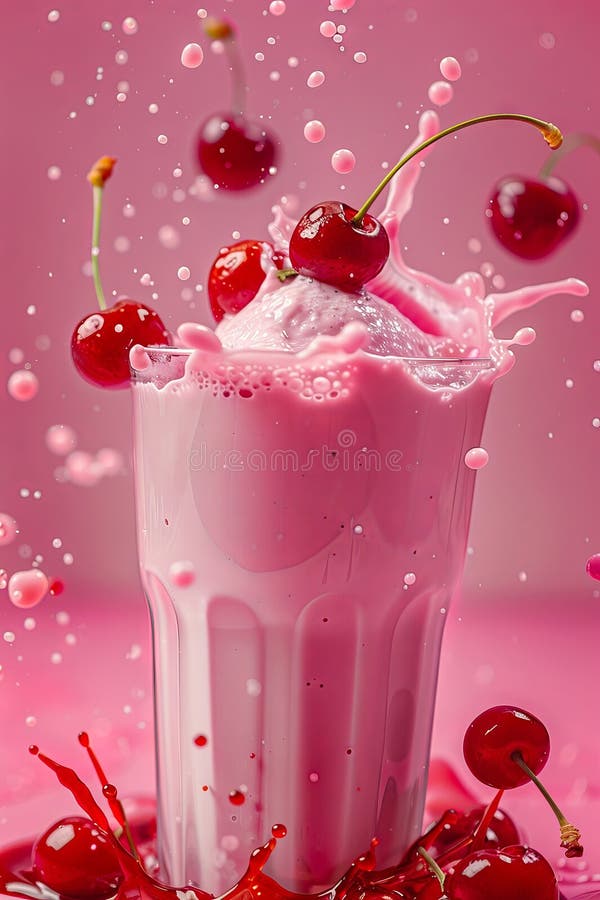 A Pink Milkshake with Cherries and Splashes Stock Image - Image of ...