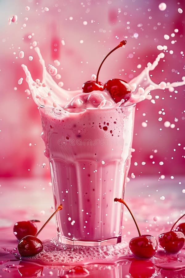 A Pink Milkshake with Cherries and Splashes Stock Photo - Image of ...