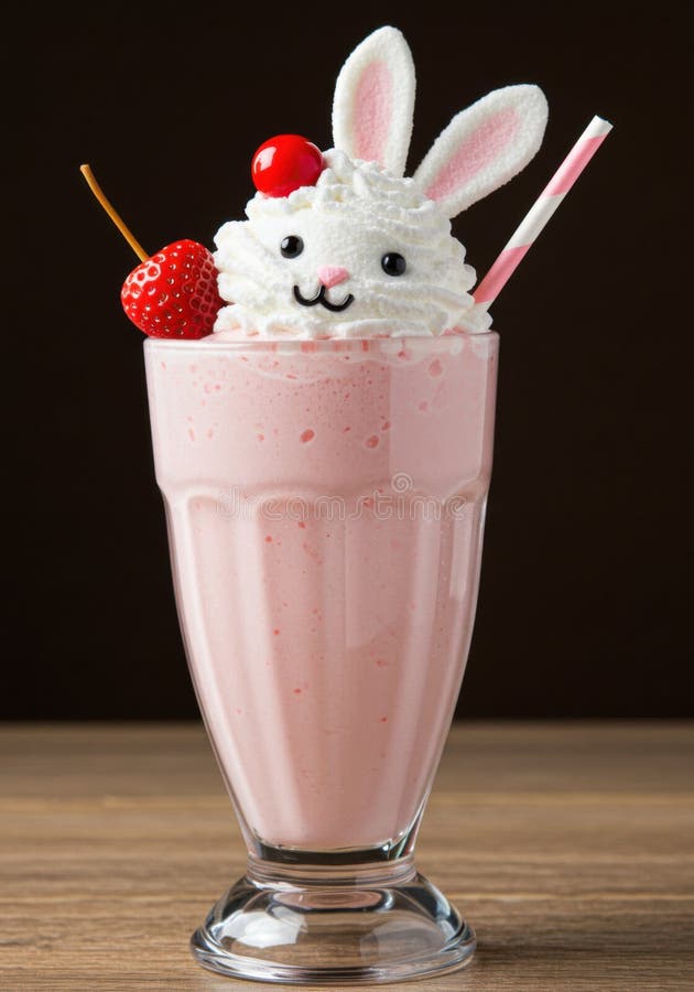 Pink Milkshake with Whipped Cream Bunny and Strawberry Stock ...