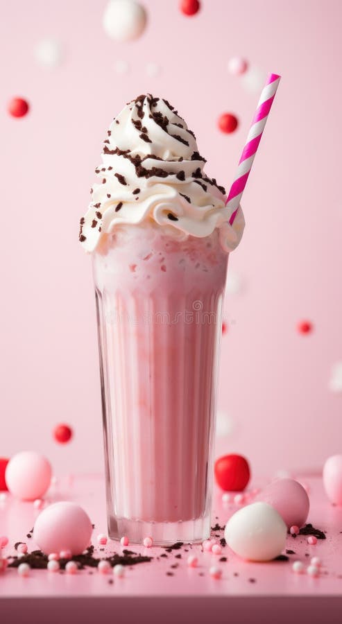 A Pink Milkshake with Whipped Cream and Chocolate Chips Stock ...