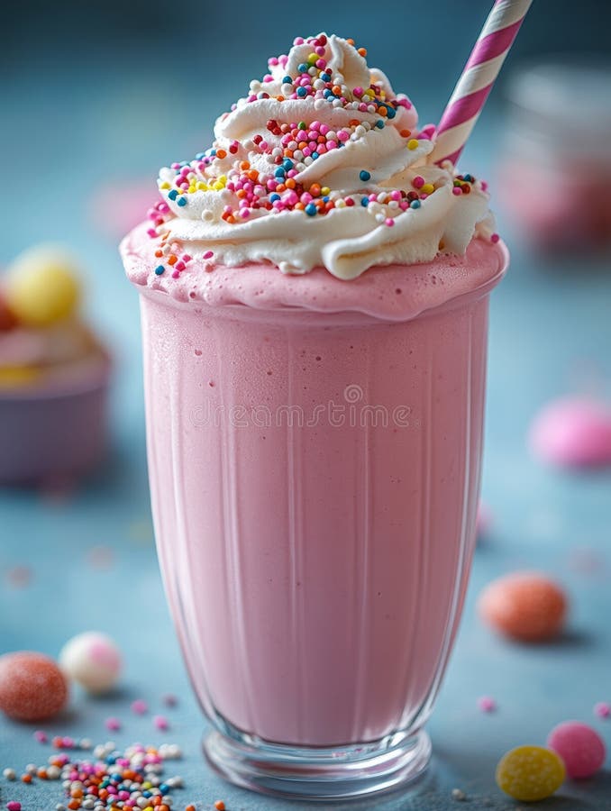 Pink Milkshake with Whipped Cream and Sprinkles. Stock Photo - Image of ...
