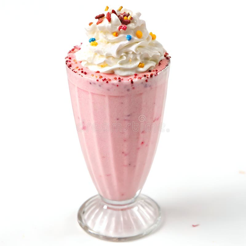 Pink Milkshake with Whipped Cream and Sprinkles Isolated on White ...