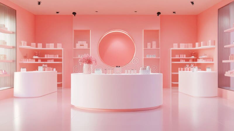 Pink Minimalist Beauty Store Interior with Counter Display Stock ...