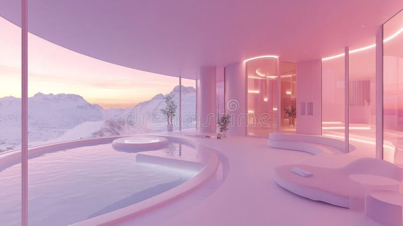Pink Minimalist Modern House Interior with Mountain Sunset View Stock ...