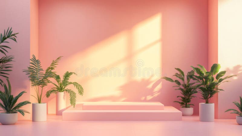 Pink Minimalist Room with Plants and Platform Stock Illustration ...