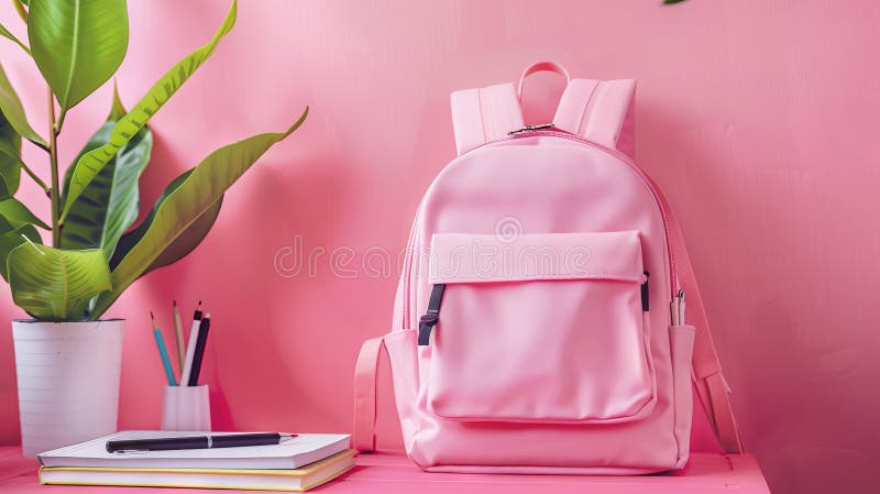 Pink Minimalist School Backpack Displayed on Student S Desk Stock Image ...
