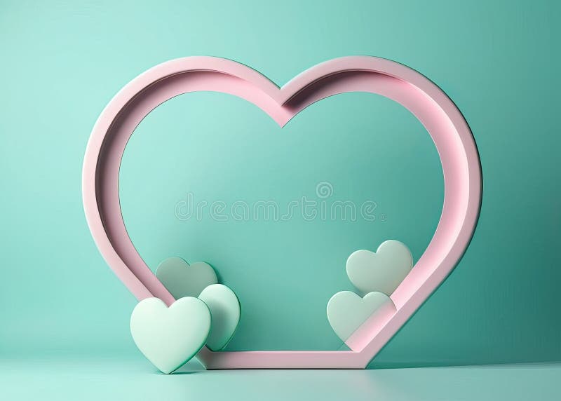 Pink and Mint Green Heart Shapes with a Large Heart Frame on a Pastel ...