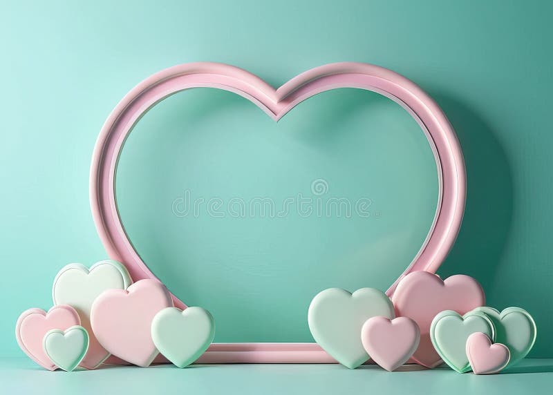 Pink and Mint Green Heart Shapes with a Large Heart Frame on a Pastel ...