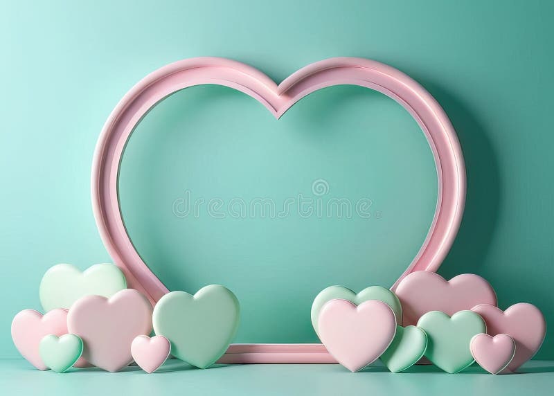 Pink and Mint Green Heart Shapes with a Large Heart Frame on a Pastel ...