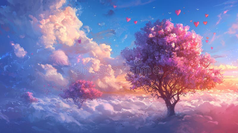 Pink Mist Envelops a Fantasy Landscape with a Magic Tree Stock ...