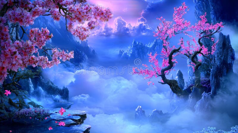 Pink Mist Shrouds a Fantasy Landscape with a Magic Tree Stock ...