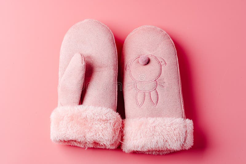 Pink Mittens Against Pink Background Studio Shot Top View Stock Photo ...