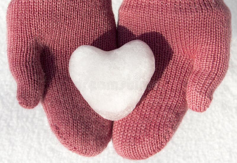 Pink Mittens with Snow Heart Stock Photo - Image of hand, happiness ...