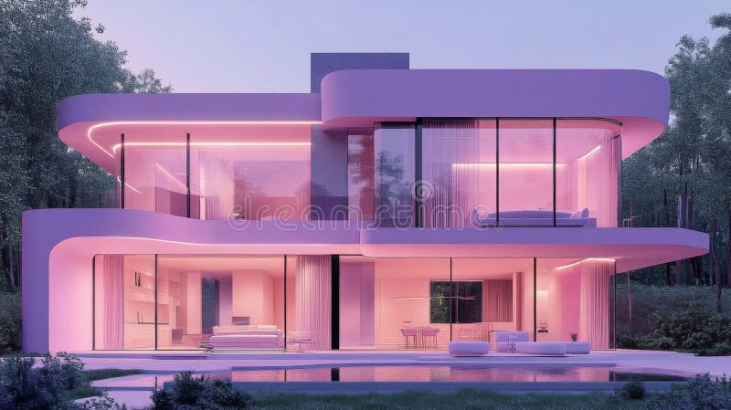 Pink Modern House at Dusk with Pool Stock Illustration - Illustration ...