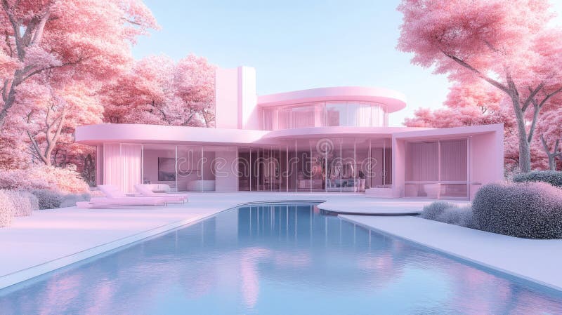 Pink Modern House with Pool and Lush Landscaping Stock Illustration ...