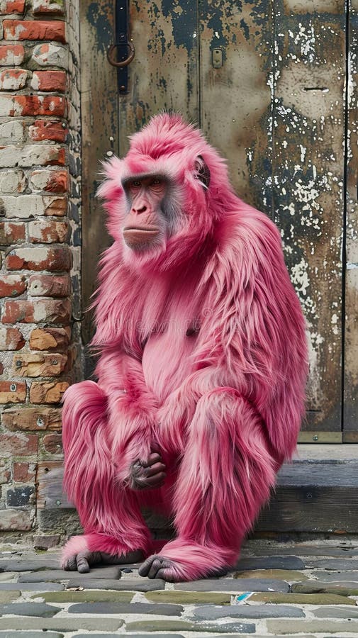 A Pink Monkey Sitting on the Steps of a Building Stock Image - Image of ...