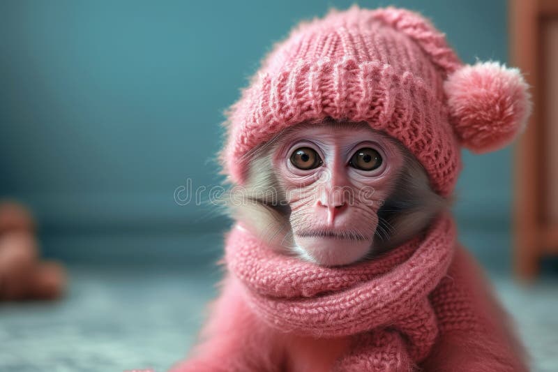 A Pink Monkey in a Warm Hat Sitting in a Blue Interior Stock Photo ...
