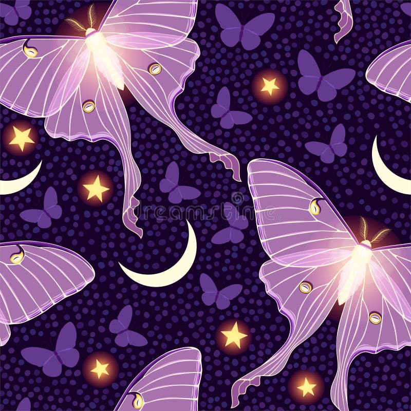 Pink Moon Moth with Stars Vector Seamles Pattern Stock Illustration ...