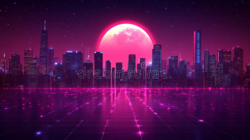 Pink Moon Over Neon City Skyline at Night Stock Illustration ...