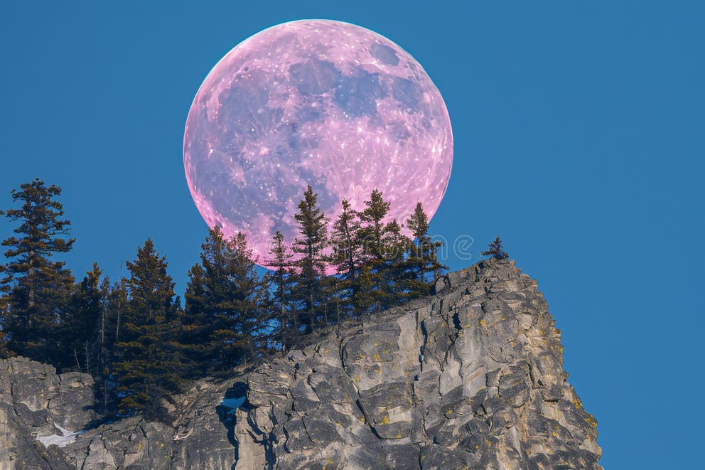 A Pink Moon Set Behind the Blue Sky, Partially Covered by Trees on the ...