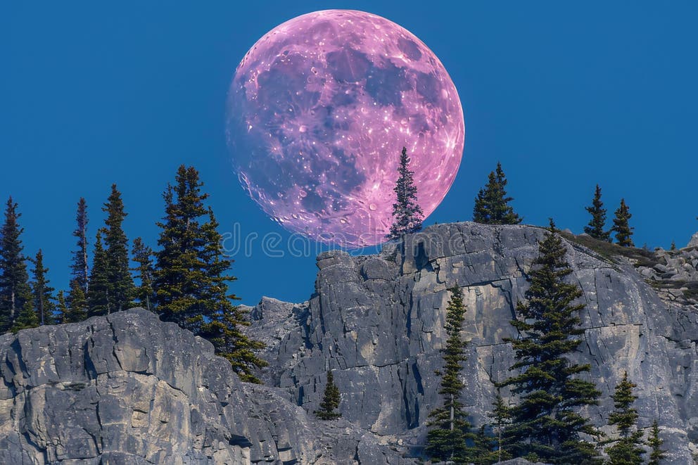 A Pink Moon Set Behind the Blue Sky, Partially Covered by Trees on the ...