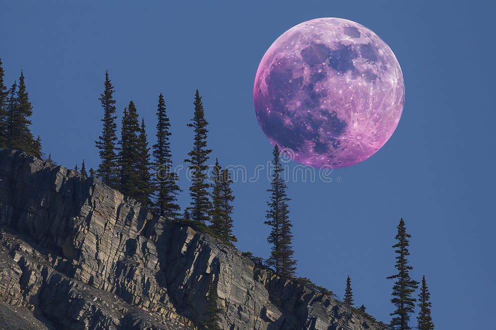 A Pink Moon Set Behind the Blue Sky, Partially Covered by Trees on the ...