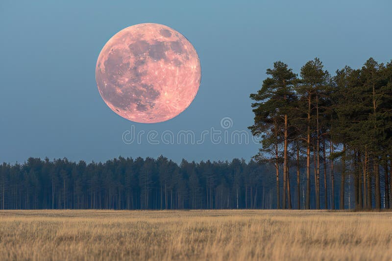 A Pink Moon in the Sky Over an Open Field with Trees, Photo Stock ...