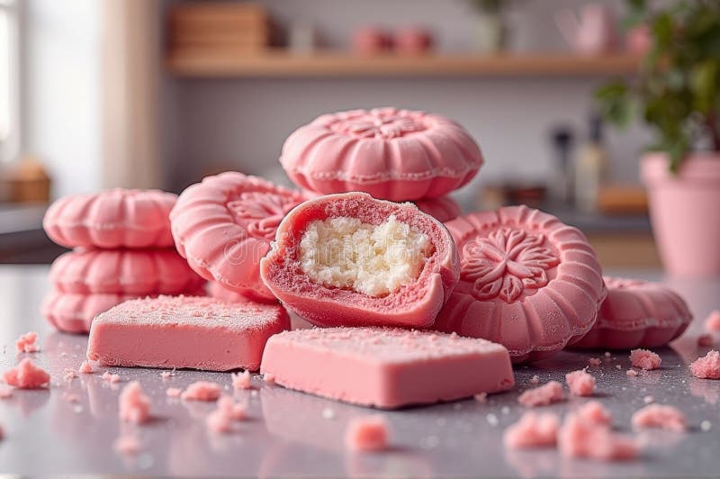 Pink Mooncake Variety with Opened Filling on Kitchen Counter Stock ...