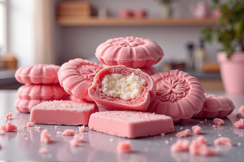 Pink Mooncake Variety with Opened Filling on Kitchen Counter Stock ...