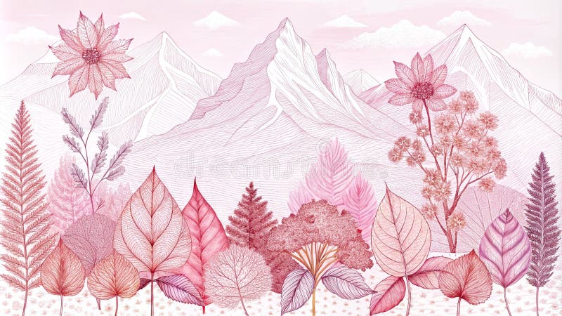 Pink Mountain Landscape with Delicate Floral and Leafy Elements Stock ...