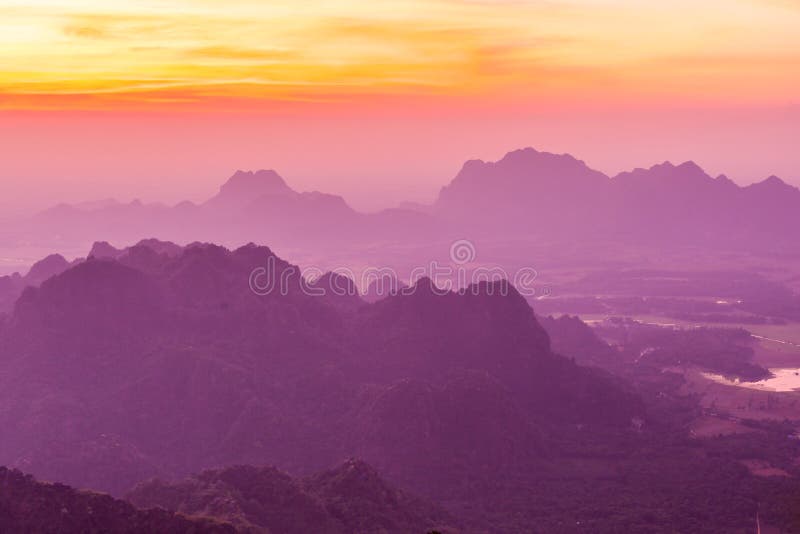 Pink Mountain Ridges at Sunrise in Hpa-an. Stock Photo - Image of ...