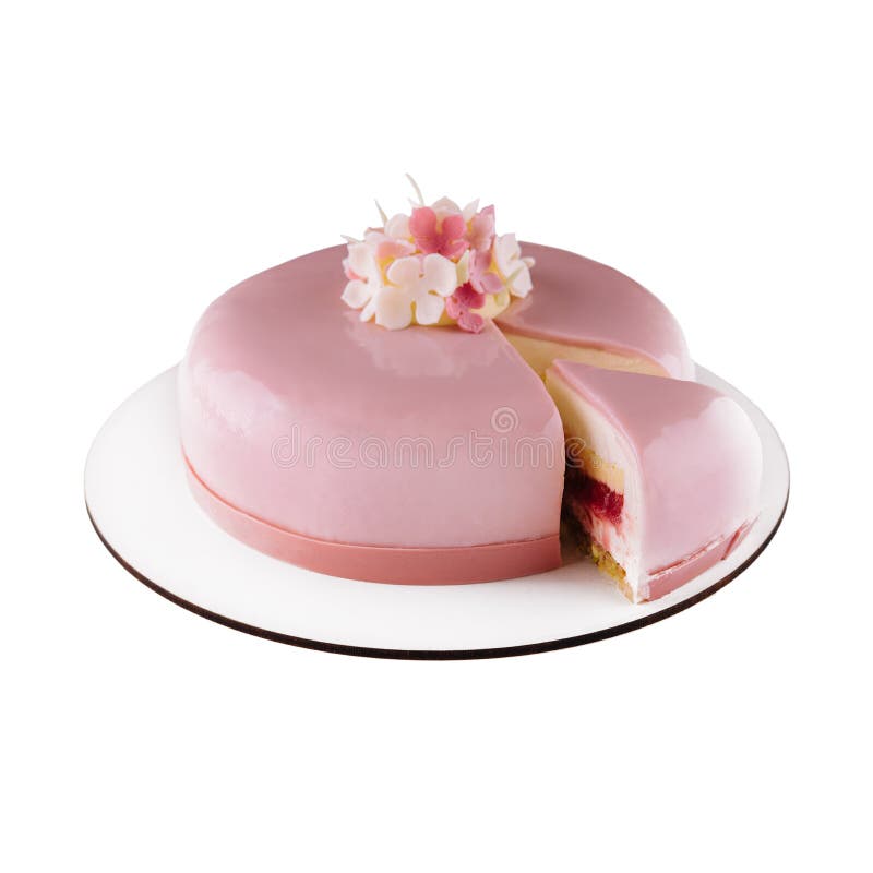 Pink Mousse Cake with Mirror Glaze Decorated with Flowers Stock Photo ...