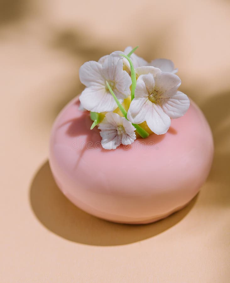 Pink Mousse Cake with Mirror Glaze Decorated with Flowers Stock Image ...