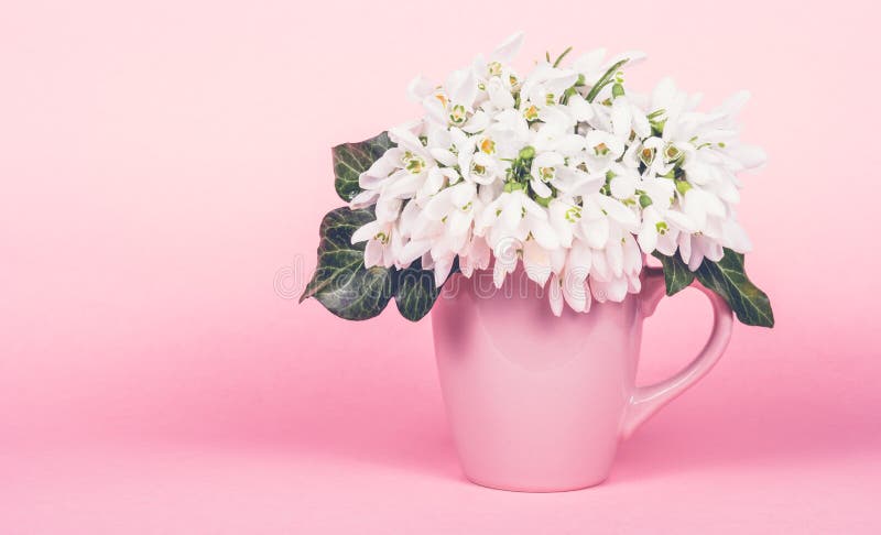 Pink Mug on Pink Background. Pink Mug with White Flowers. Copy Space ...