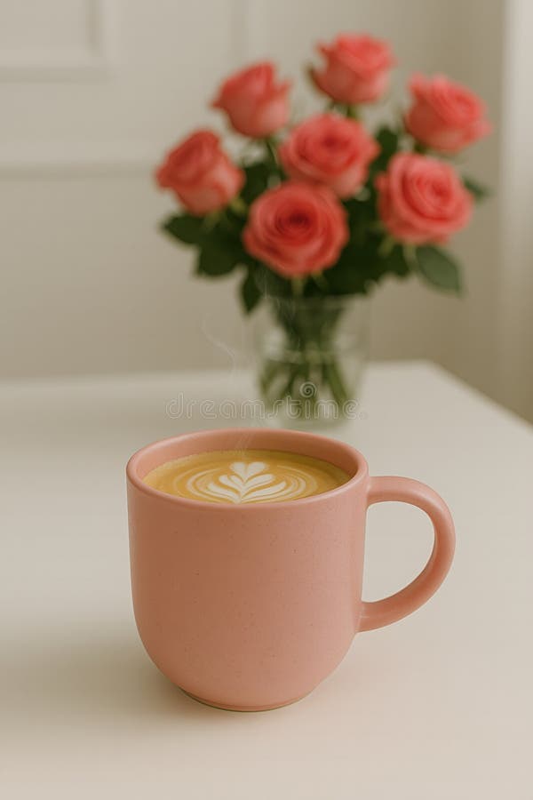 Pink Mug of Coffee and Roses Bouquet Stock Illustration - Illustration ...