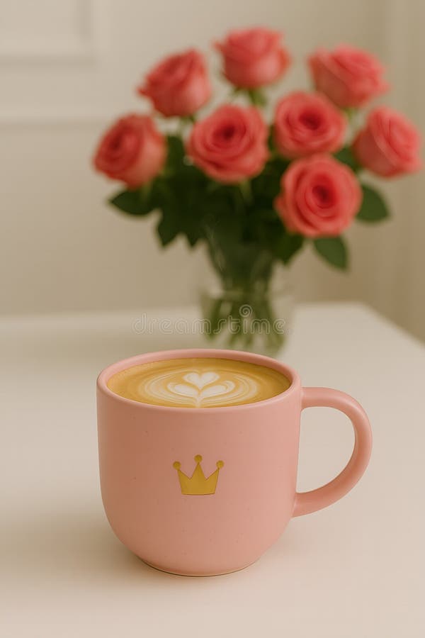 Pink Mug of Coffee and Roses Bouquet Stock Illustration - Illustration ...