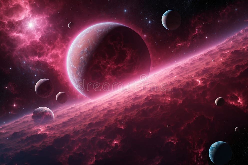 Pink Nebula Clouds with Pink Planets in Space Stock Illustration ...