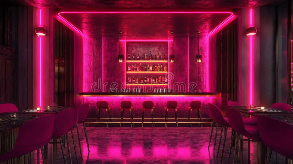 Pink Neon Bar Interior Design Stock Illustration - Illustration of ...