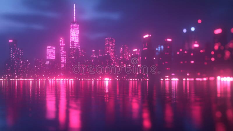 Pink Neon City Skyline at Night Stock Illustration - Illustration of ...