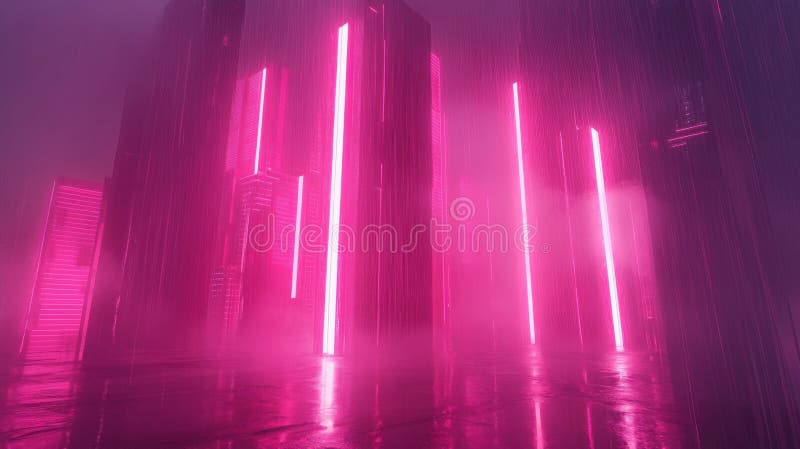 Pink Neon Cityscape at Night Futuristic Architecture Stock Illustration ...